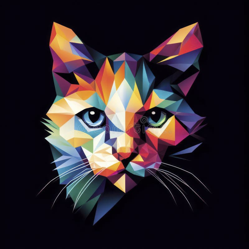 Abstract Colorful Polygon Cat Portrait on Solid Black Background. Ai ...