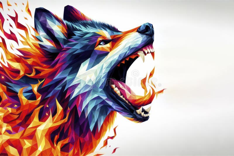 Abstract Colorful Polygon Wolf Roaring Fierce on Fire on a White ...
