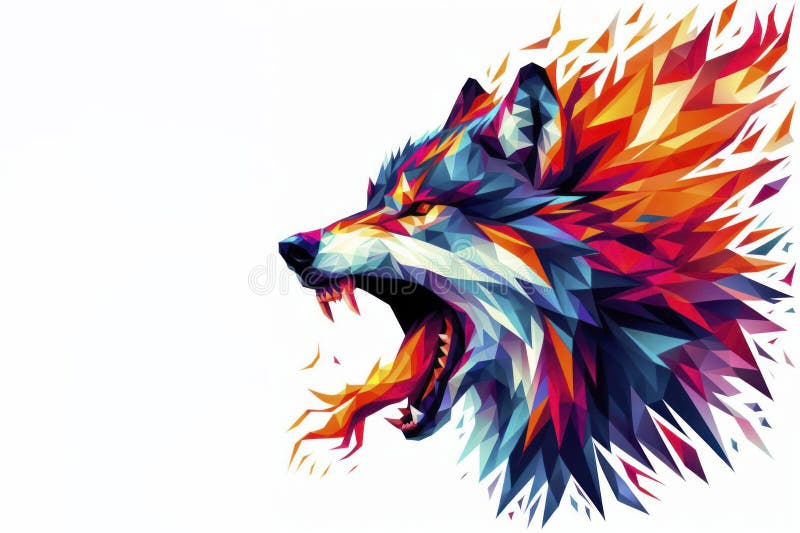 Abstract Colorful Polygon Wolf Roaring Fierce on Fire on a White ...