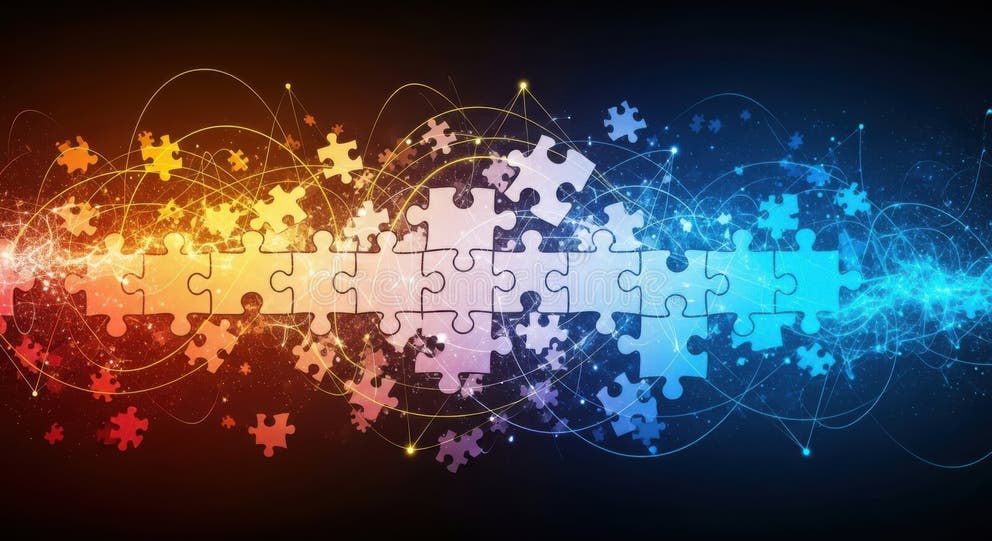 Abstract Colorful Puzzle Pieces Exploding with Swirling Lines and Light ...