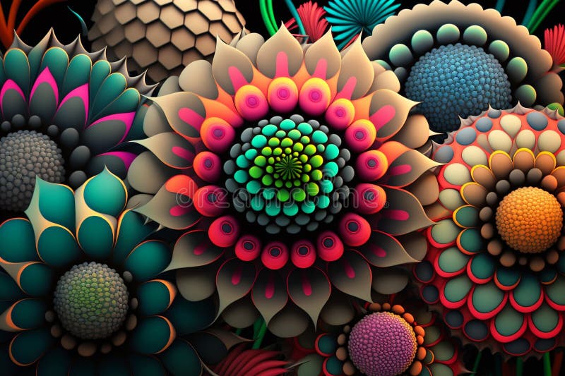 Abstract Colorful Seamless Psychedelic Floral Pattern. 3D Illustration ...
