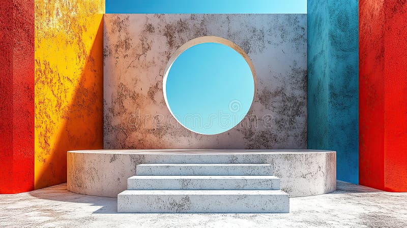 Abstract Colorful Stage with Circular Window and Steps Stock ...