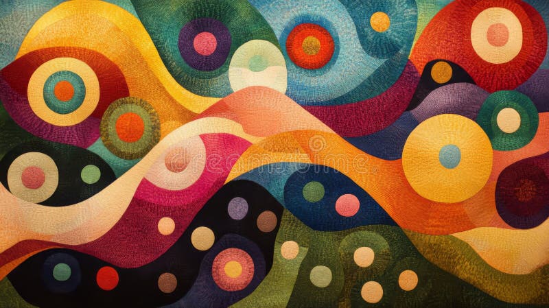 Abstract Colorful Textile Art with Swirling Waves and Circles Stock ...