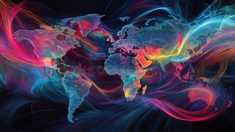Abstract Colorful World Map with Glowing Lines and Particles Stock ...