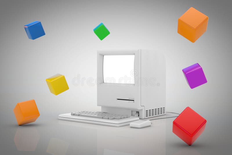 Abstract Colour Boxes Around Retro Personal Computer. 3d Rendering ...