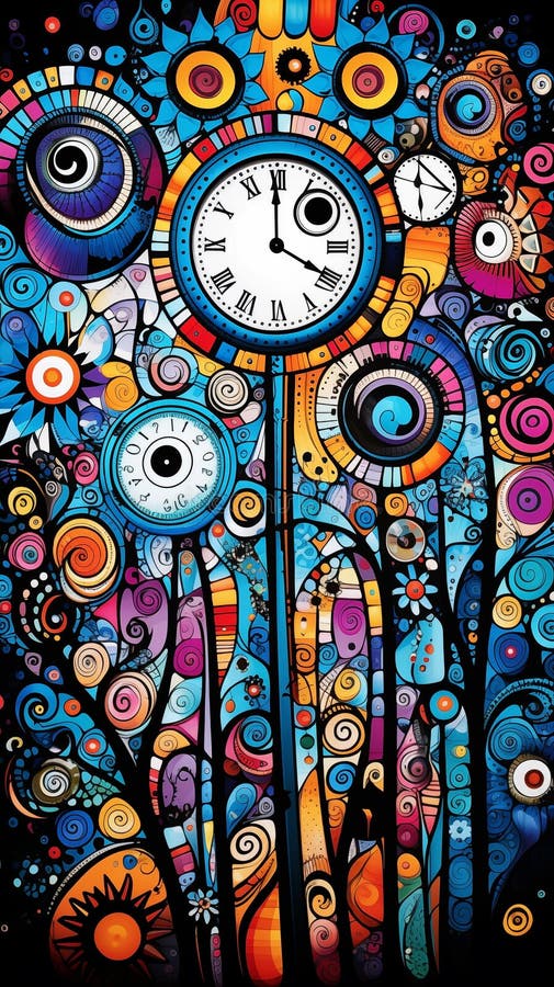 Abstract Colourful Time Clocks Tree Growth Wallpaper Pattern Stock Image - Image of growth ...