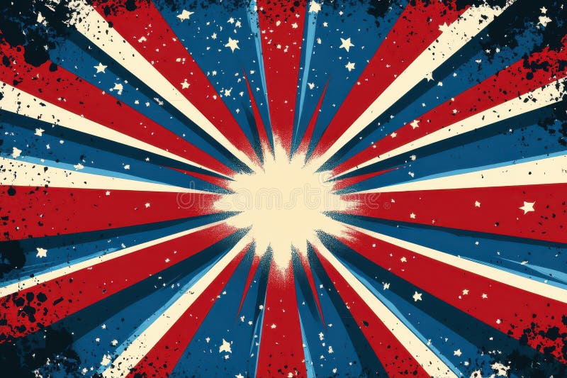 Abstract Comic Book-style Background with Red, White, and Blue Rays ...