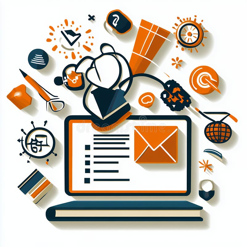 Abstract Communication Overload Laptop with Email and Icons Stock ...