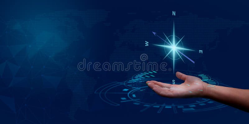 An Abstract Compass Above the Hand on the Background of the Map ...