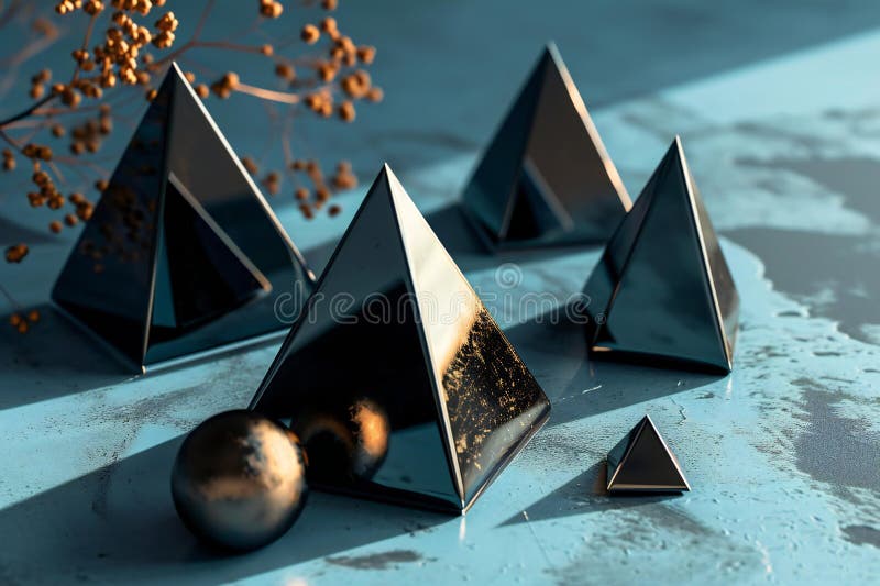 Abstract Composition with Black Pyramid and Golden Ball on Blue ...