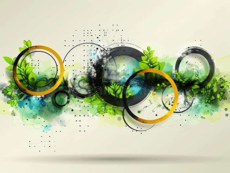 Abstract Composition with Circles Plants and Paint Splashes Stock Photo ...