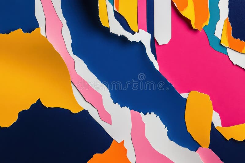 Abstract Composition with Colorful Torn Paper Layers on Bold Blue ...