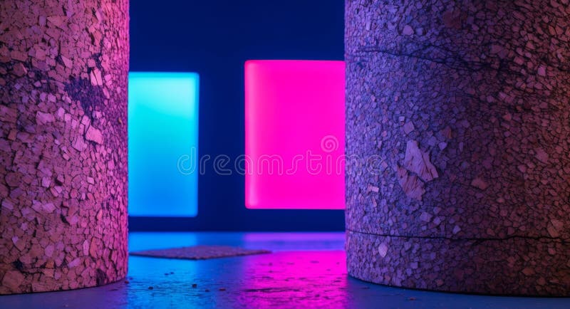 Abstract Composition. Cork Columns, Rectangular Lights, and Reflective ...