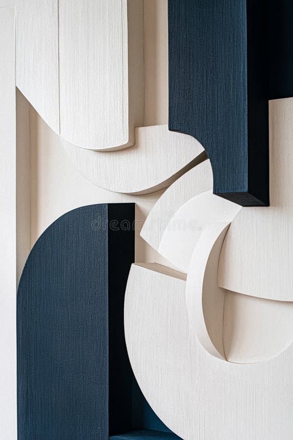 Abstract Composition of Curved Blue and White Textured Shapes, Modern ...