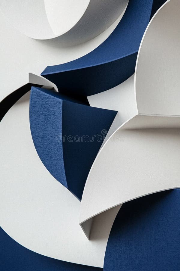 Abstract Composition of Curved Blue and White Textured Shapes, Modern ...