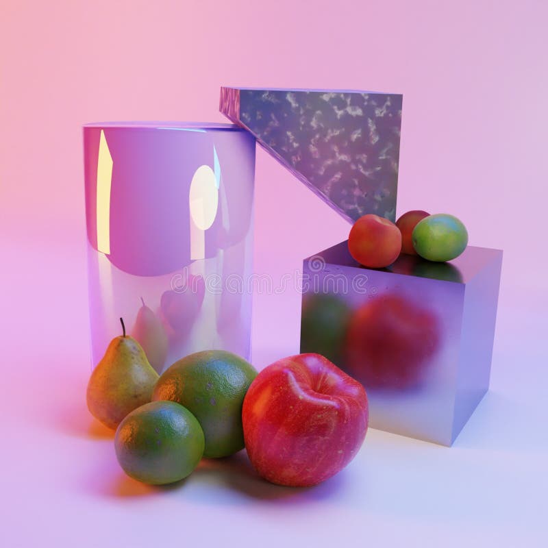 Abstract Composition of 3d Objects and Fruits. Stock Illustration ...