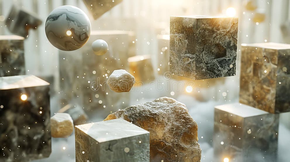 An Abstract Composition Features Floating Stone Spheres and Cubes ...