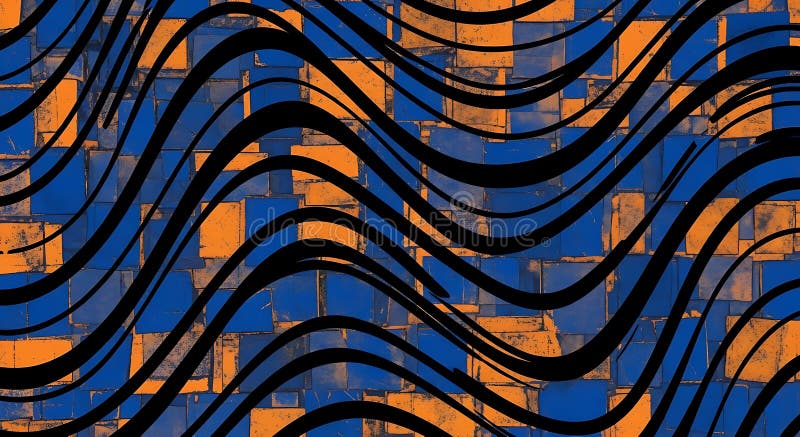 Abstract Composition Featuring Black Wavy Lines Over a Checkerboard ...