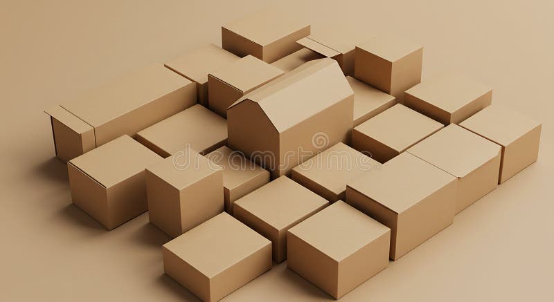 Cardboard House Surrounded by Cubes on a Neutral Background, Abstract Composition Stock ...