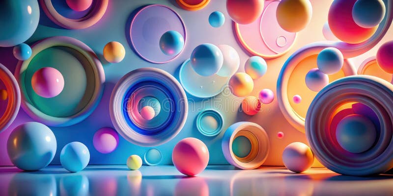 Abstract Composition Featuring Floating Spheres and Concentric Rings in ...