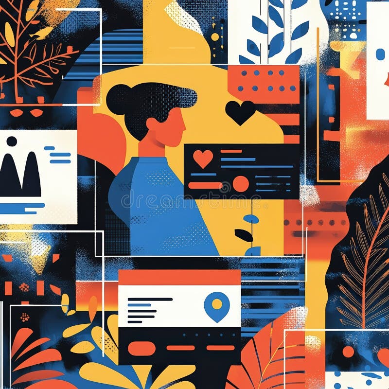 Abstract Composition Featuring Human Figures and Nature Elements in a ...