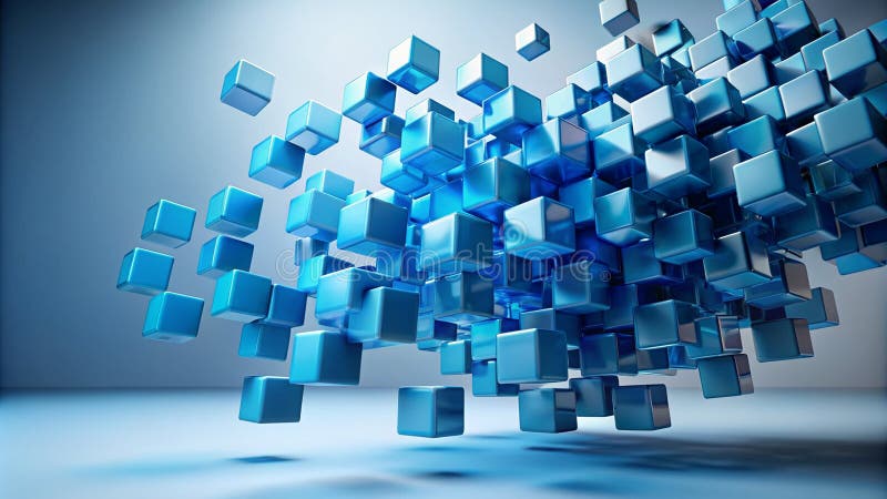 Abstract Composition Featuring Multiple Blue Cubes Suspended in Mid Air ...