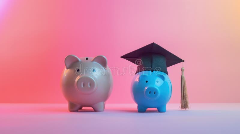 An Abstract Composition Featuring a Piggy Bank and a Small Graduate ...