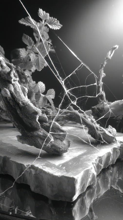 Abstract Composition Featuring Stone Slab, Weathered Wood, Leaves, and ...