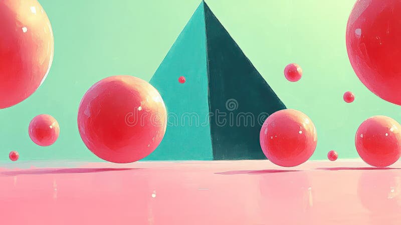 Abstract Composition Featuring a Teal Pyramid and Pink Spheres on a ...