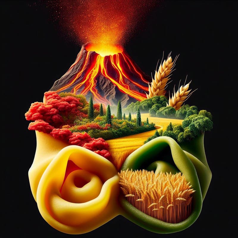 An Abstract Composition Featuring a Volcano Erupting with Lava, Wheat ...