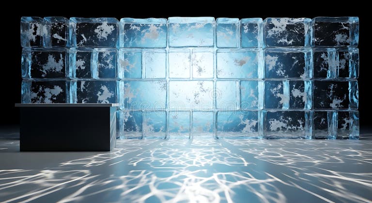 Illuminated Ice Block Wall with Abstract Light Reflections and Dark ...