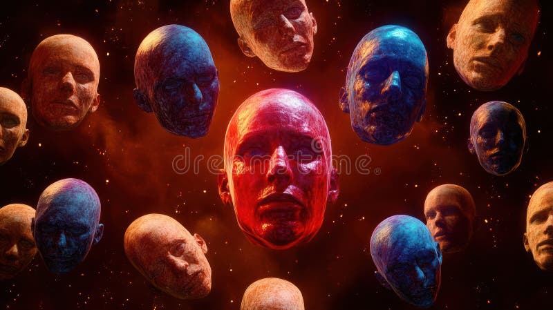 Surreal Floating Heads in a Cosmic Nebula: Abstract 3D Render Stock ...