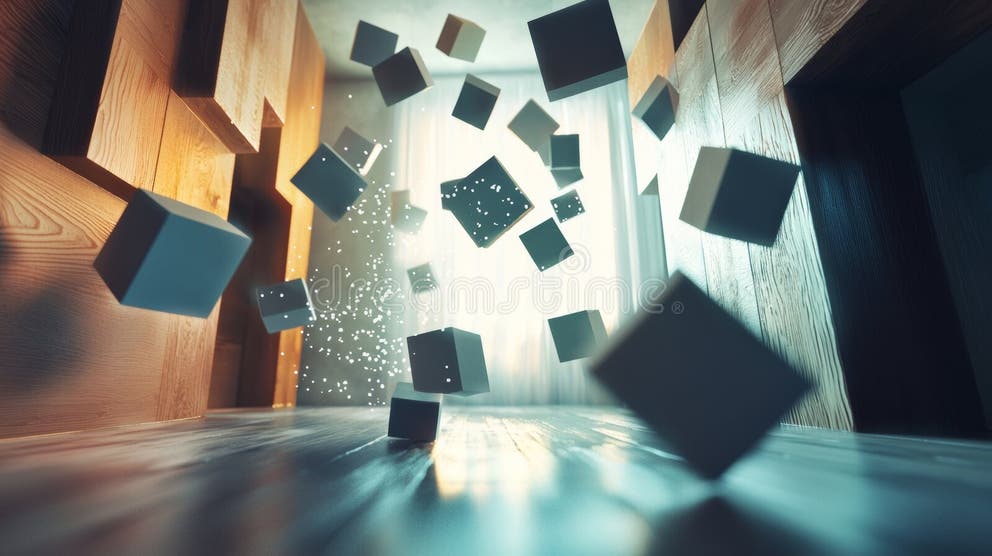 Abstract Composition of Floating Cubes in a Modern Interior Stock Photo ...
