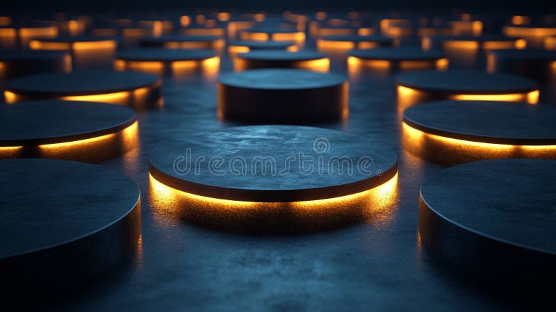 Abstract Composition of Illuminated Circular Platforms on a Dark Surface Creating a Striking ...