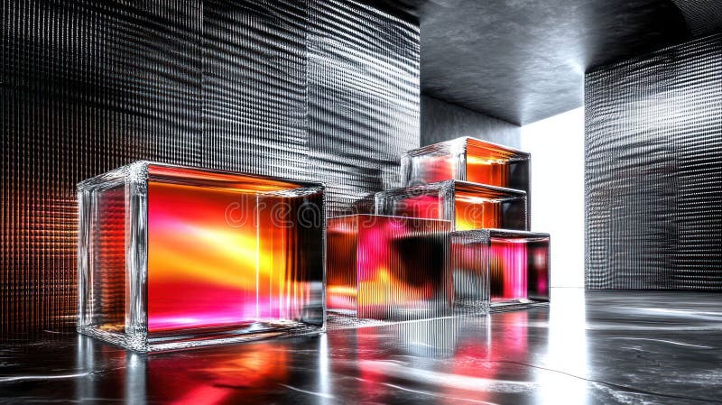 Abstract Composition of Illuminated Glass Cubes in a Modern, Reflective ...