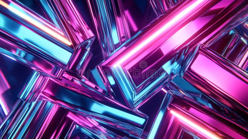 Abstract Composition of Interlocking Blue and Pink Prisms with Neon ...