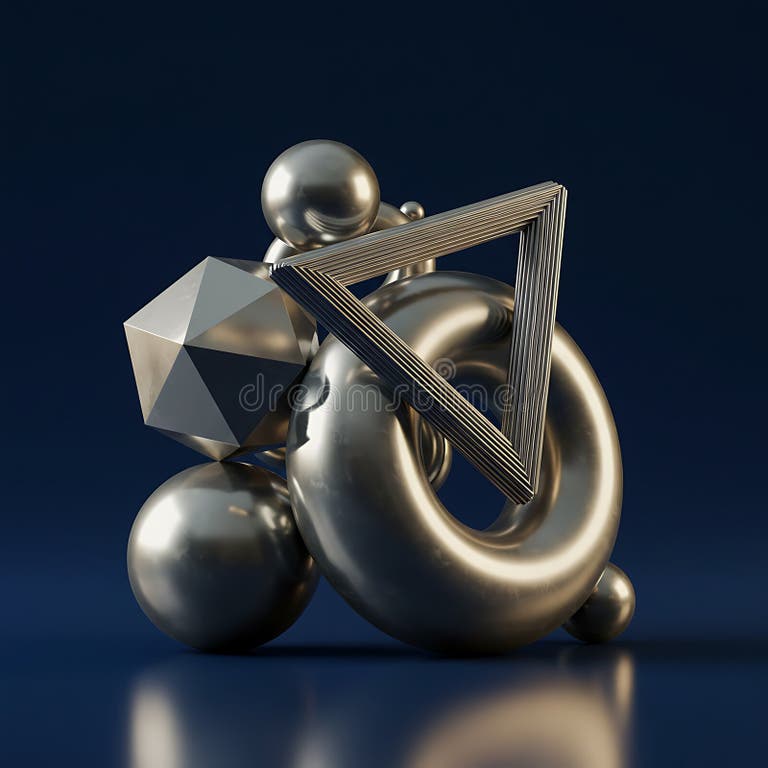 Abstract Composition of Metallic Geometric Shapes on Dark Background ...