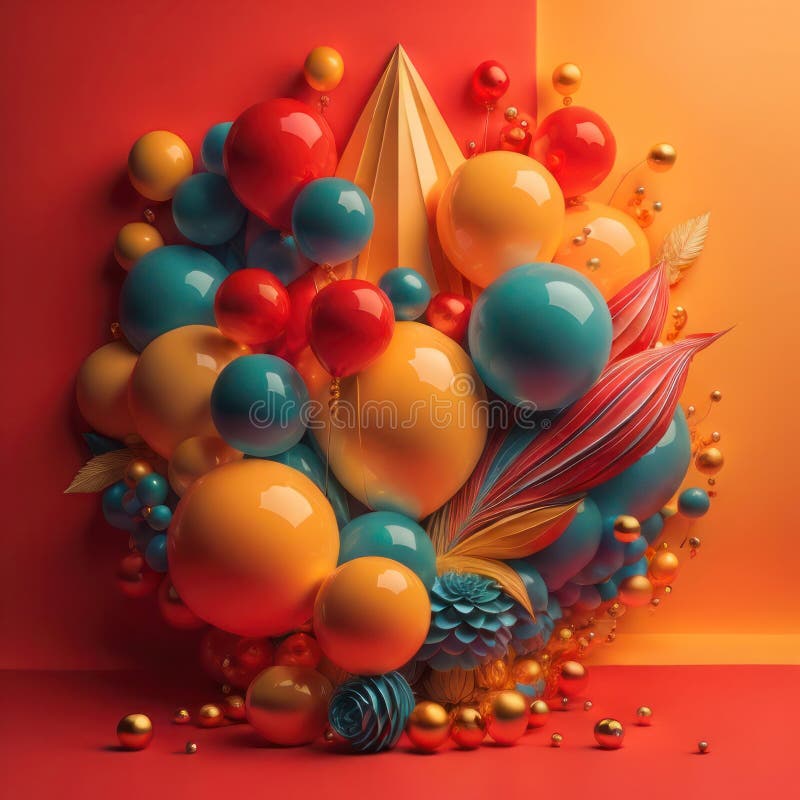 Abstract Composition with Multicolored Balloons and Paper Plane ...