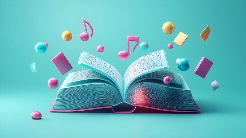 Abstract Composition of Open Book with Pixelated Design Music Notes and ...
