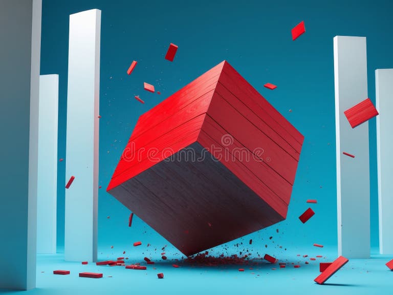 Abstract Composition with Red Cube, White Pillars, and Flying Debris on ...