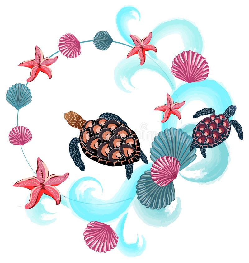 Abstract Composition of Sea Turtles, Shells, Starfishes and Waves Stock ...