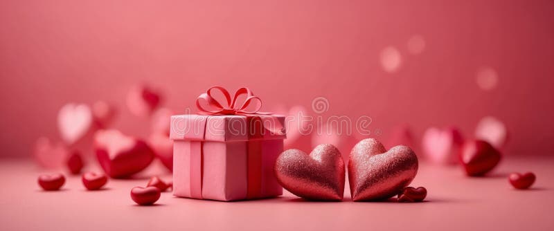 Abstract Composition with Two Decorative Hearts and Red Present Box on ...