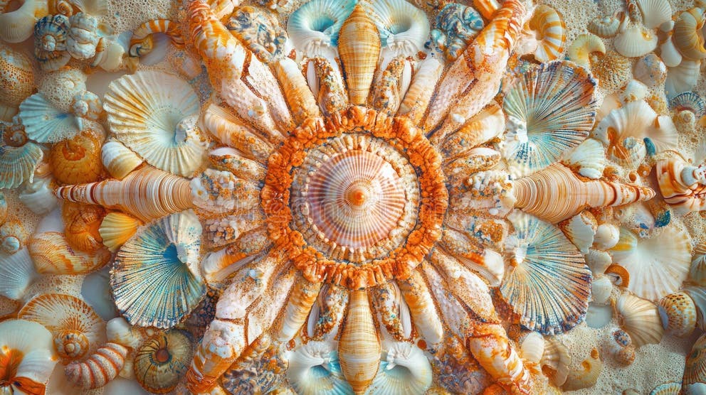 A Circular Arrangement of Seashells with a Central Sunburst Pattern ...