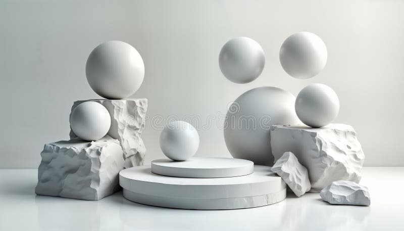 Abstract Composition with White Spheres, Rocks. Different Shapes, Forms ...