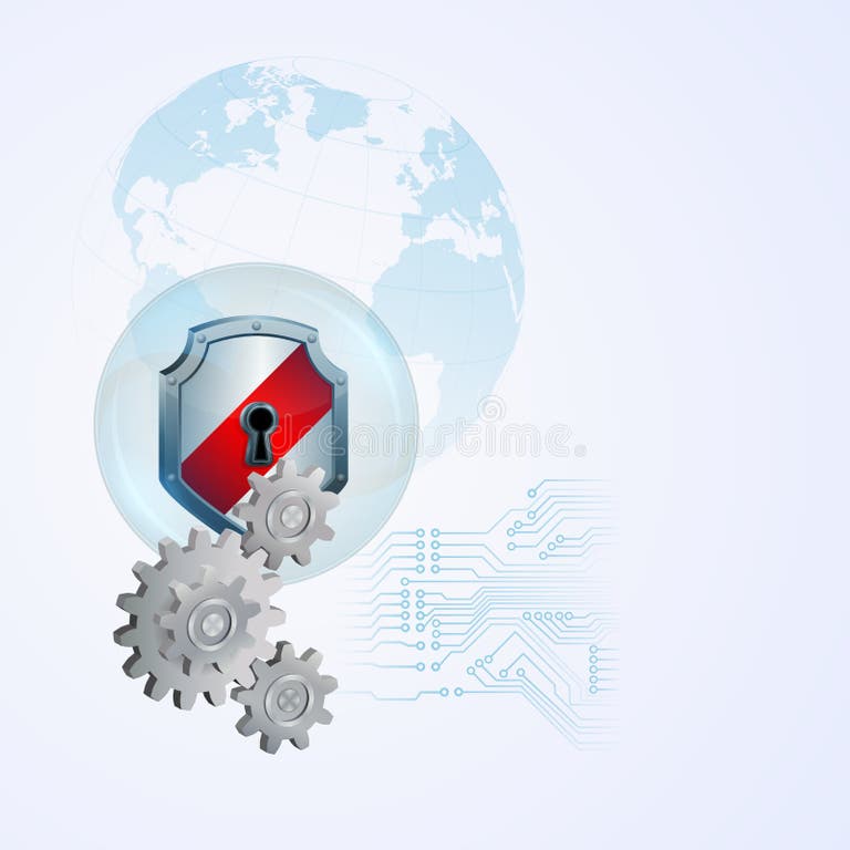 Abstract Computer Graphic, Design with Defense Shield Behind Cogwheels ...