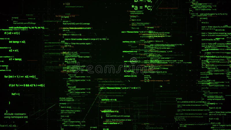 Abstract Computer Monitor with Moving Symbols. Animation. Green Linux ...