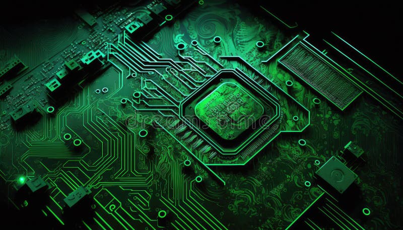 Abstract Computer Processor Chip On Circuit Board With Microchips Stock