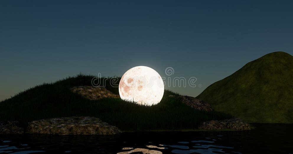 Abstract Concept, Big Moon on the Hillside.3D Illustration Stock ...