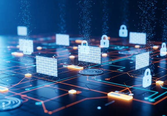 An Abstract Concept of Cybersecurity with Glowing Digital Firewalls and ...