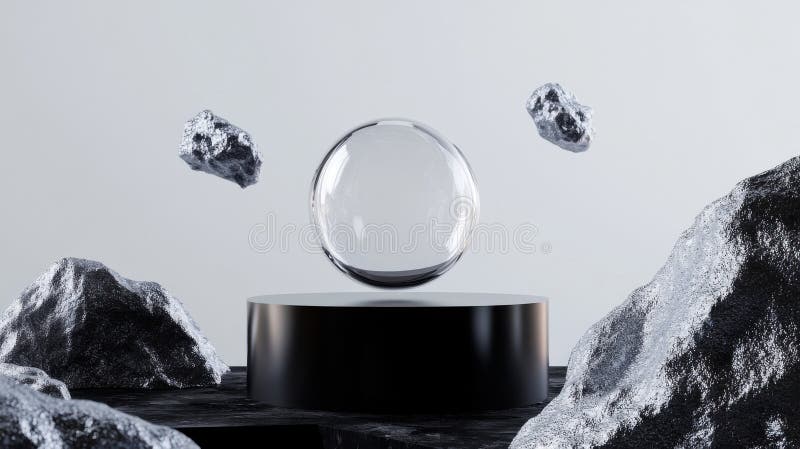 Abstract Concept with Floating Glass Sphere and Metallic Rocks ...